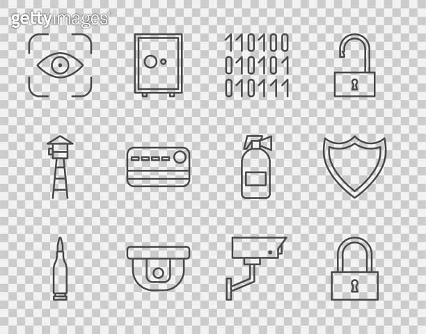 Set line Bullet, Lock, Binary code, Motion sensor, Eye scan, Credit card, Security camera and ...