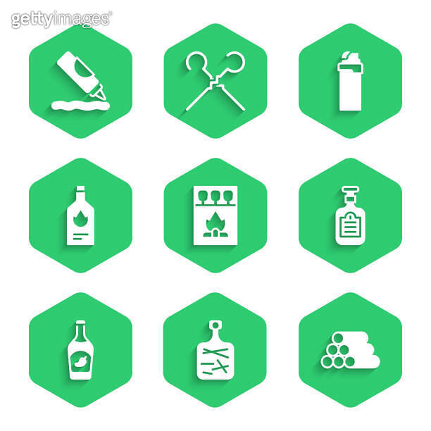 Set Matchbox and matches, Cutting board, Wooden logs, Sauce bottle ...