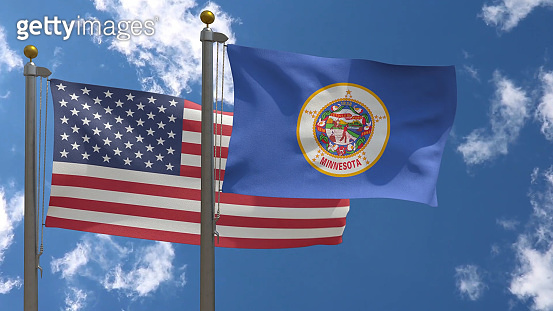 American Flag with Minnesota State Flag on a Pole, 3D Render 이미지 ...
