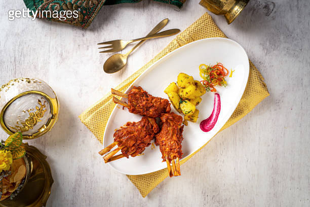 Rajasthani Dhungar Gosht served in a dish isolated on dark background ...