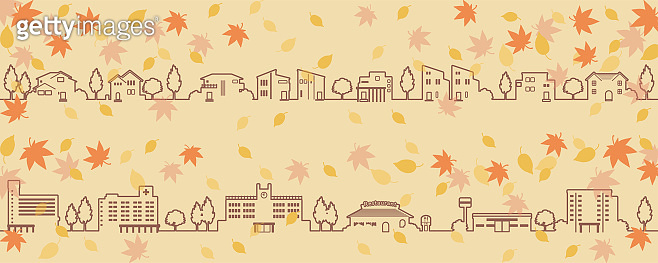 Illustration of simple and cute autumn townscape (line drawing) 이미지 ...