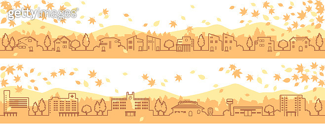 Illustration of simple and cute autumn townscape (line drawing) 이미지 ...