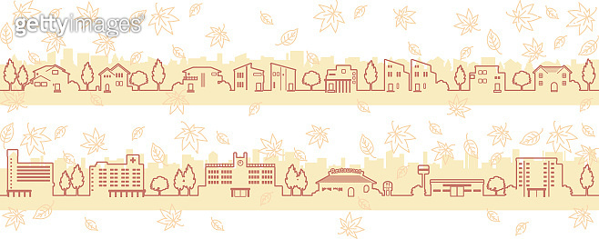 Illustration of simple and cute autumn townscape (line drawing ...