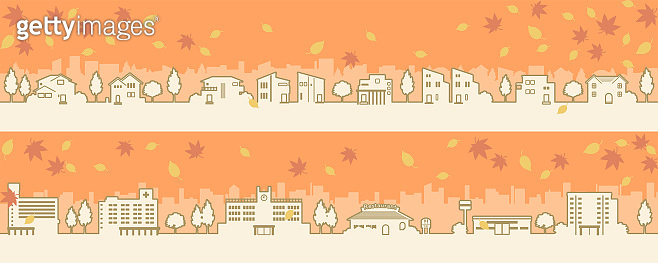 Illustration of simple and cute autumn townscape (line drawing) 이미지 ...