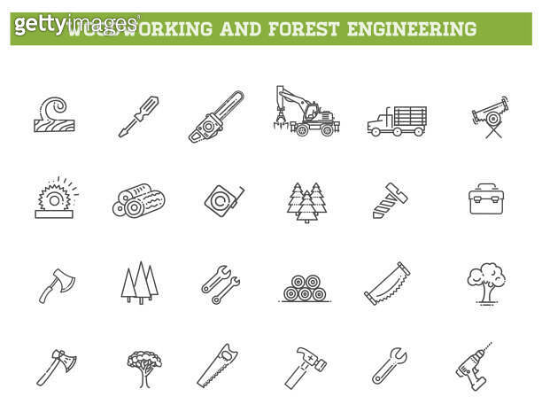 Logging, sawmill line icons. Instruments for working with wood. Forest ...