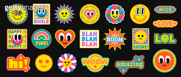 Cool Trendy Retro Smile Positive Stickers Set. Collection of Various ...