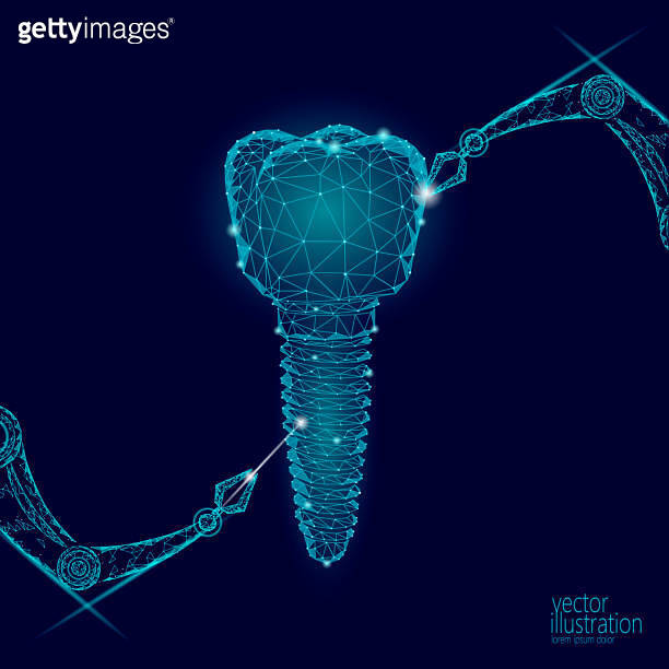 3d tooth innovation robot arm polygonal concept. Stomatology symbol low ...