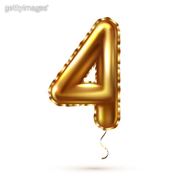 3d realistic golden balloon number four with ribbon for decoration ...