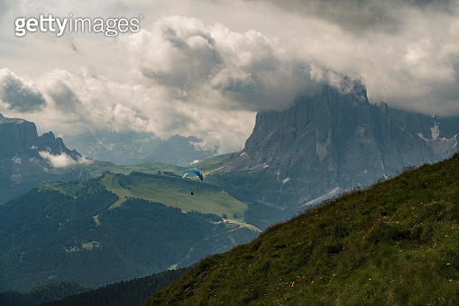 Paragliding in Seceda Dolomite Mountain in Italy, Autonomous Province ...