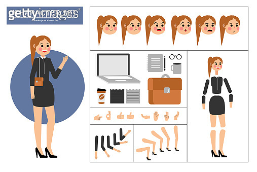 3\4 view animated characters. Office woman character constructor with ...