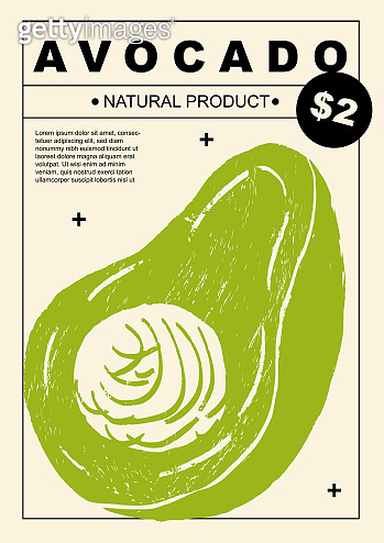 Avocado. Set of posters of fruits and vegetables in a abstract draw ...