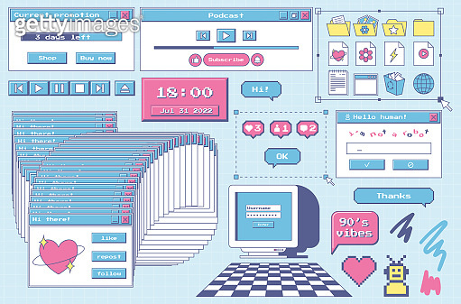 A set of user interface design elements in 80s, 90s retro style. Old ...