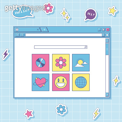A browser window with a search bar. Retro style user interface ...