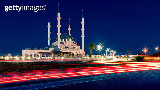 Hala Sultan Camii mosque in Nicosia, North Cyprus at night time. Muslim ...