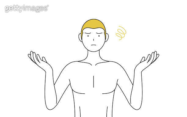 Line drawing of a man with epilated hair, pose in distress with arms ...