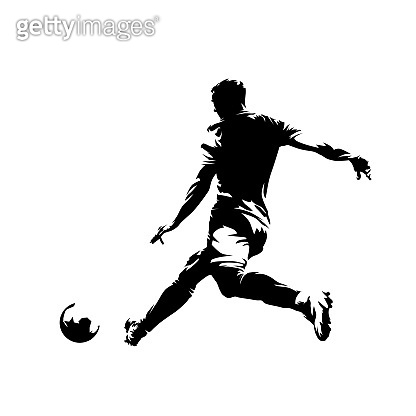 Soccer player kicking ball, abstract isolated vector silhouette ...