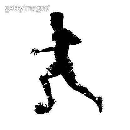 Soccer player running with ball, footballer isolated vector silhouette ...