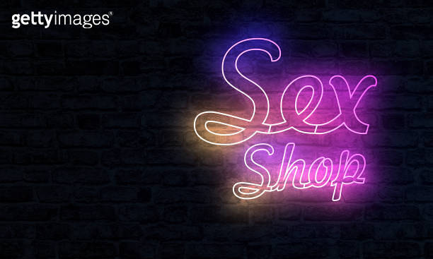 Sex Shop Neon Sign with Illumination. Adult Store Symbol on brick wall ...