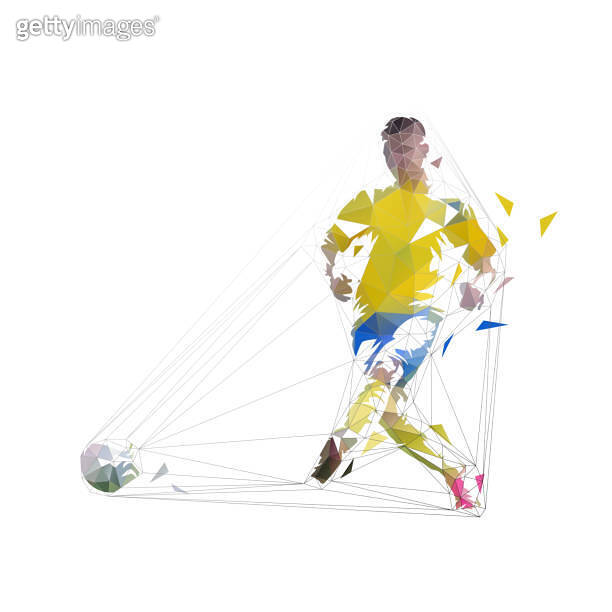 Soccer player kicking ball and scoring goal, abstract low polygonal ...
