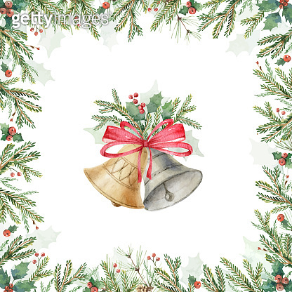 Watercolor card with Christmas bells and ornate frames. Trendy square ...