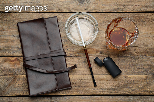 Glass ashtray with long cigarettes holder, lighter, clutch and alcohol ...