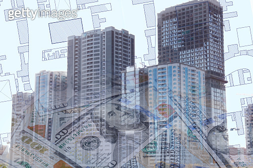 Multiple exposure of cadastral map, money and buildings 이미지 (1395935586 ...