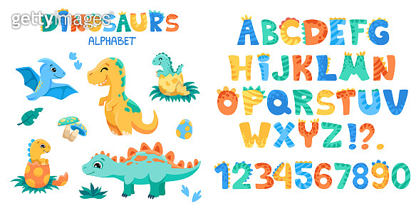 Dino font with alphabet letters, cute dinosaurs, signs and numbers ...