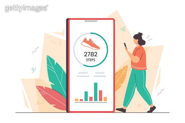 Flat woman using smartphone with pedometer for counting steps 이미지 ...