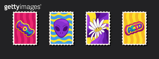 Cool set of 90s Retro Postage Stamps Designs with different acid rave ...