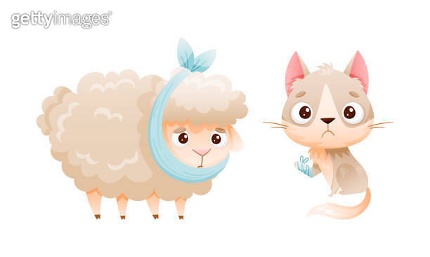 Sick Sheep and Cat Animal with Bandage on Paw and Head Vector Set ...