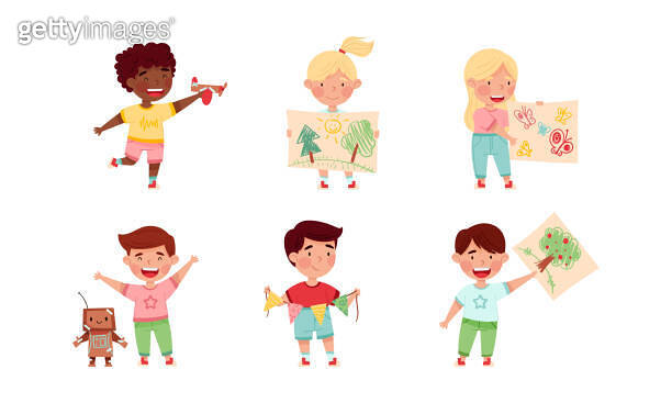 Cute kids showing their DIY crafts set. Boys and girl holding drawings ...