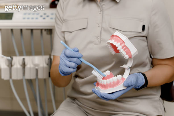 Close-up of the dentist's hands demonstrating how to brush teeth ...