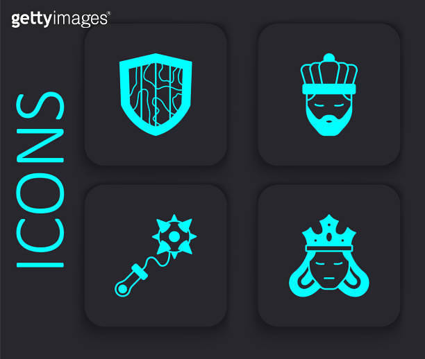 Set Princess or queen, Shield, King with crown and Mace spikes icon ...