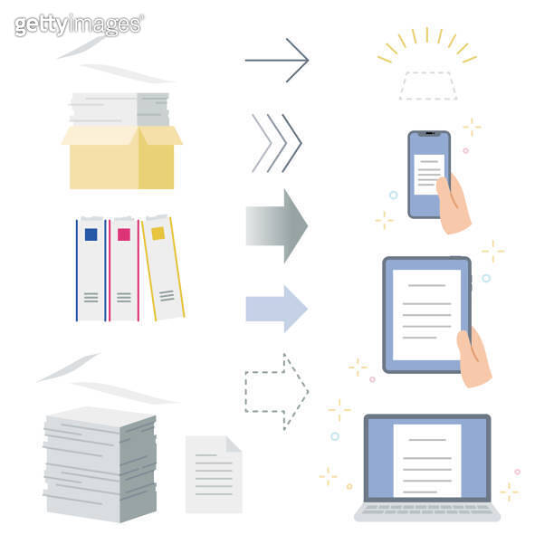 set of business icons for paperless and document digitization Piles of ...