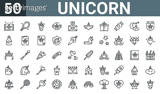 set of 50 outline web unicorn icons such as chest, hand mirror, unicorn ...