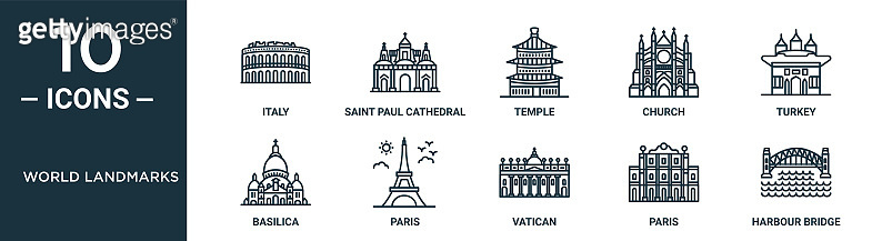 world landmarks outline icon set includes thin line italy, temple ...