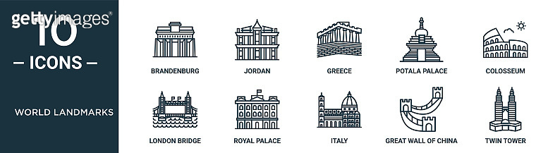 world landmarks outline icon set includes thin line brandenburg, greece ...