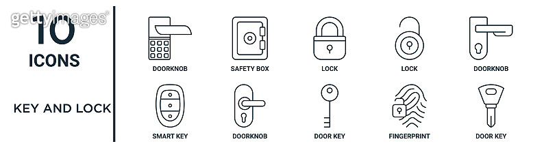 key and lock outline icon set includes thin line doorknob, lock, doorknob, doorknob, fingerprint ...