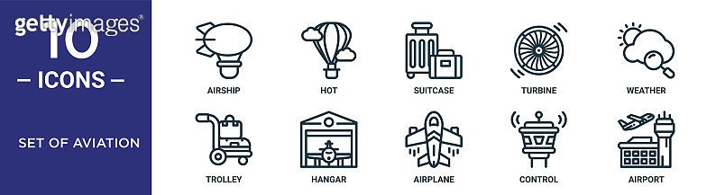 set of aviation outline icon set includes thin line airship, suitcase ...