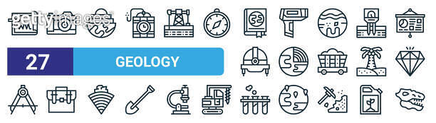 set of 27 outline web geology icons such as seismograph, camera, layers, soil, geology, bag, lab ...