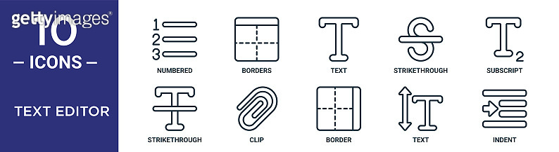 text editor outline icon set includes thin line numbered, text, subscript, clip, text, indent ...