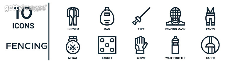 fencing outline icon set includes thin line uniform, epee, pants ...