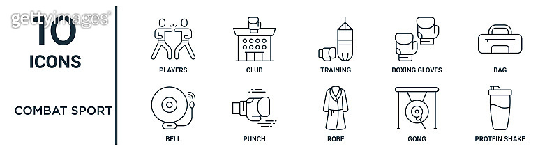 combat sport outline icon set includes thin line players, training, bag ...