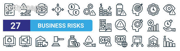 set of 27 outline web business risks icons such as file, loss, money ...