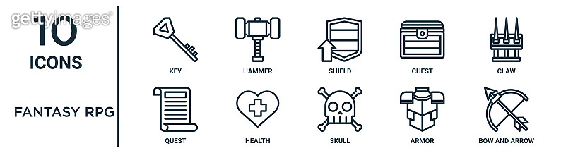 fantasy rpg outline icon set includes thin line key, shield, claw ...