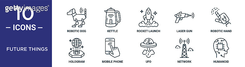 future things outline icon set includes thin line robotic dog, rocket ...