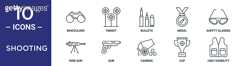 shooting outline icon set includes thin line binoculars, bullets ...