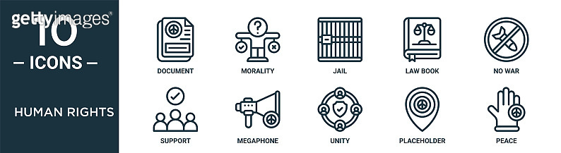 human rights outline icon set includes thin line document, jail, no war ...