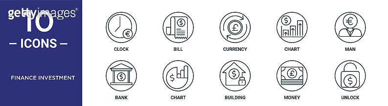finance investment outline icon set includes thin line clock, currency ...