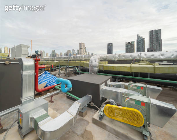 Chiller tower or cooling tower on rooftop of a office building in urban ...